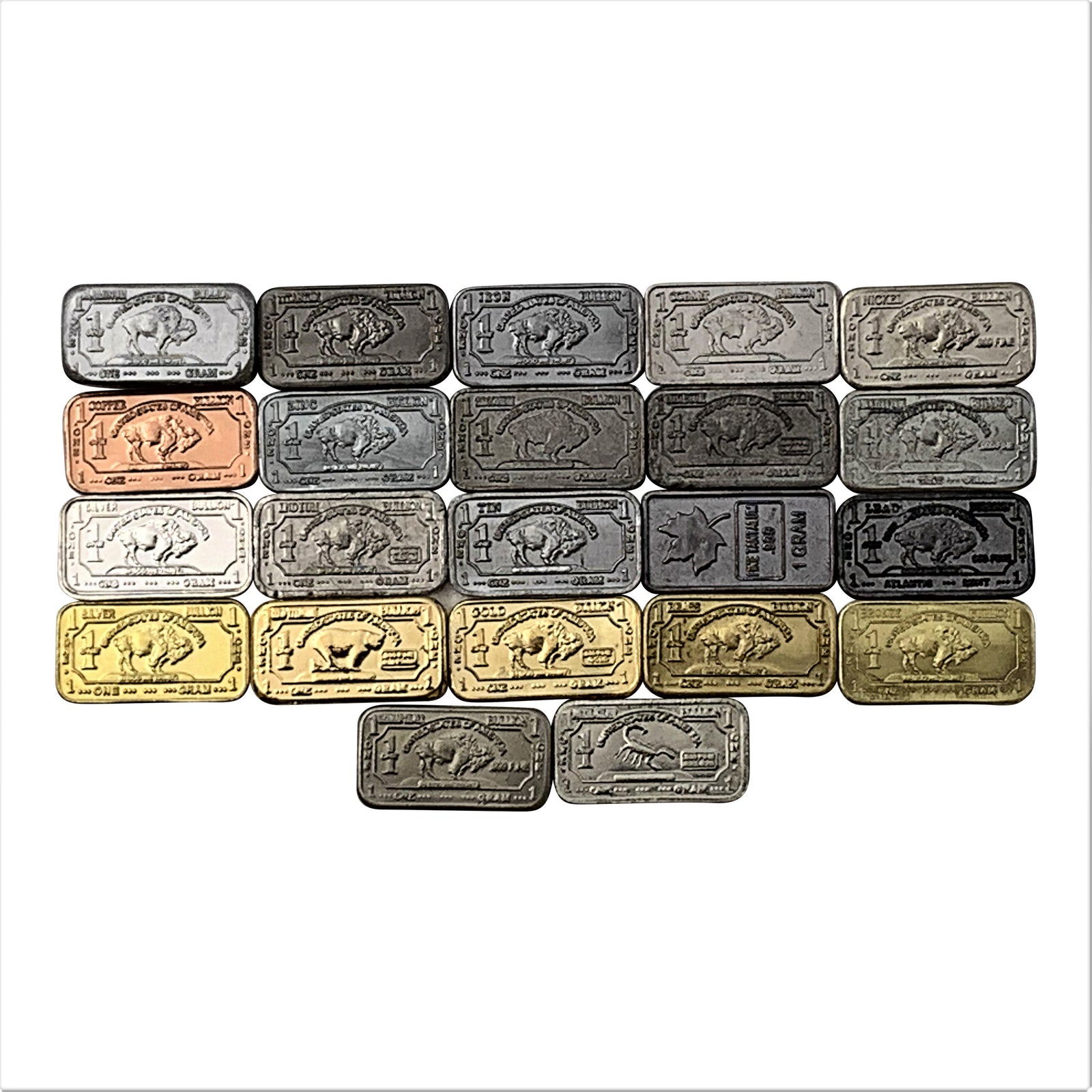 The Full Monty 17 x 1 gram Bullion\Buffalo Metal Ingot Set. Includes ...
